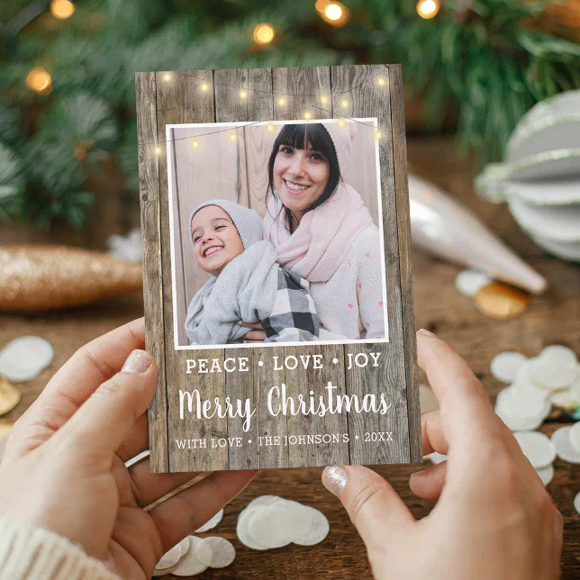 Country Rustic Wood Lights Photo Merry Christmas Holiday Card | Zazzle