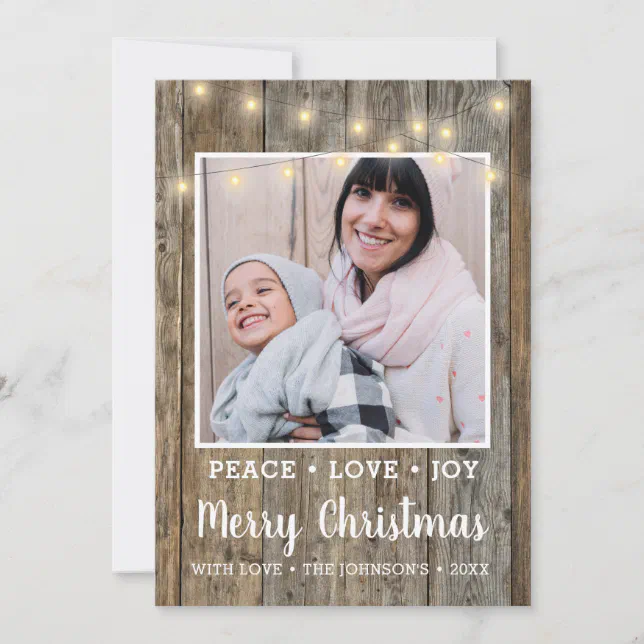 Country Rustic Wood Lights Photo Merry Christmas Holiday Card | Zazzle