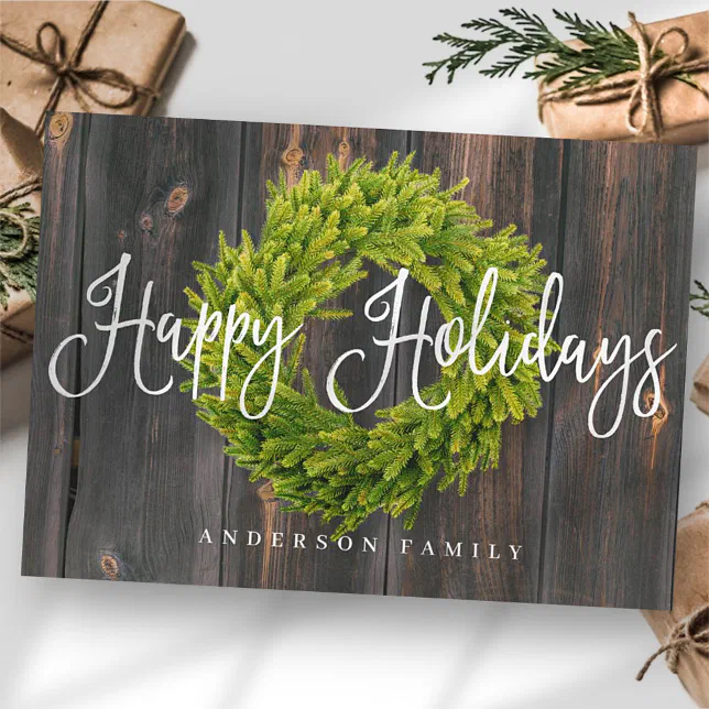 Country Rustic Wood Wreath Happy Holidays Greeting Holiday Card | Zazzle
