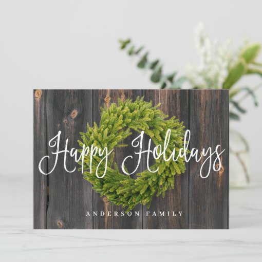 Country Rustic Wood Wreath Happy Holidays Greeting Holiday Card | Zazzle