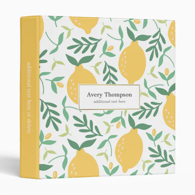Country Summer Lemon & Leaves Pattern Recipe 3 Ring Binder | Zazzle