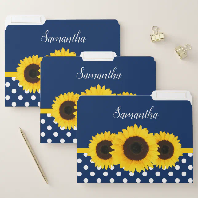 Country Sunflower Navy Blue Polka Dot File Folder | Zazzle
