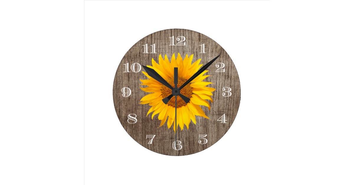 Country Sunflower Rustic Barn Wood Vintage Round Clock | Zazzle