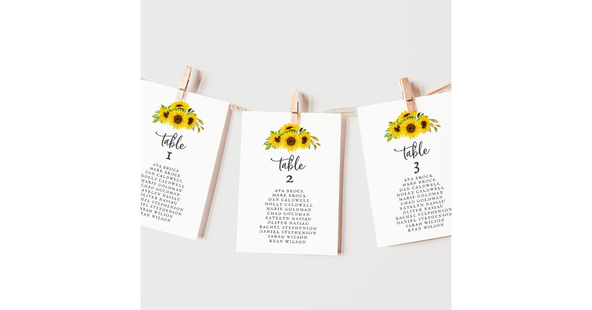 Country Sunflower Table Number Seating Chart Cards | Zazzle