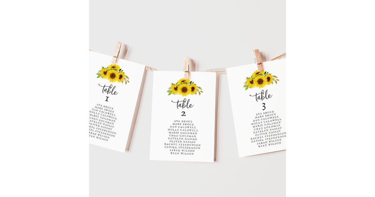 Country Sunflower Table Number Seating Chart Cards | Zazzle