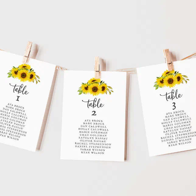 Country Sunflower Table Number Seating Chart Cards | Zazzle