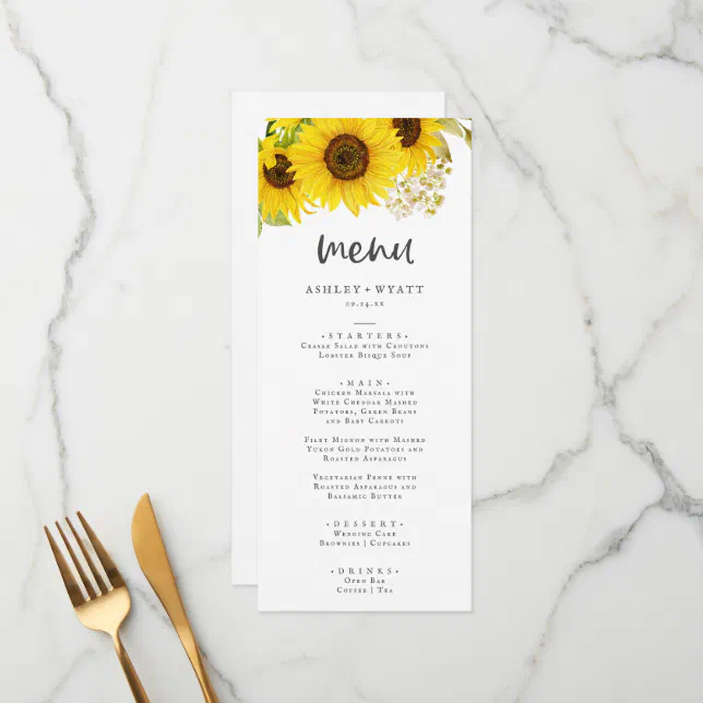 Country Sunflower Wedding Dinner Menu | Zazzle
