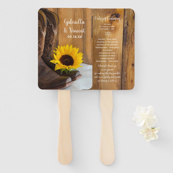 Country Sunflower Western Wedding Programs Hand Fan | Zazzle