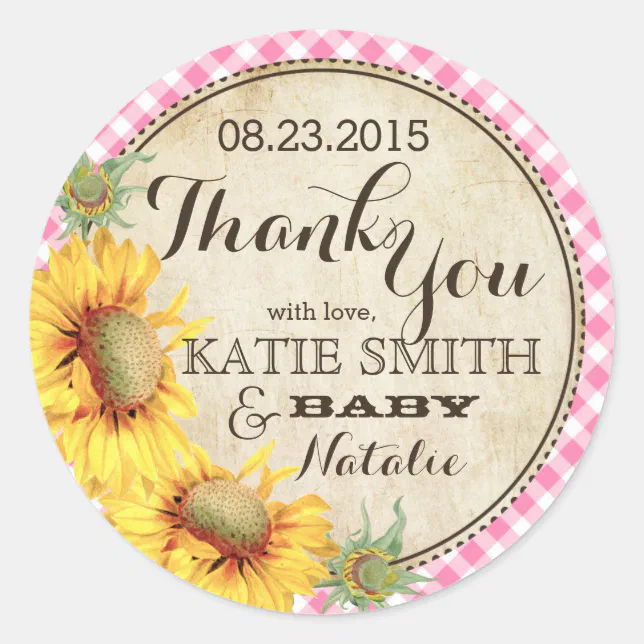 Country Sunflowers and Gingham Check Thank You Classic Round Sticker ...