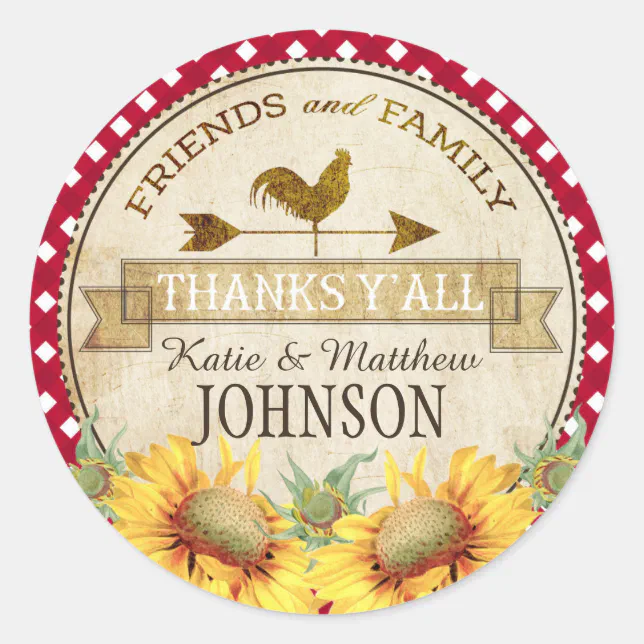 Country Sunflowers Red Gingham Check Thank You Classic Round Sticker ...