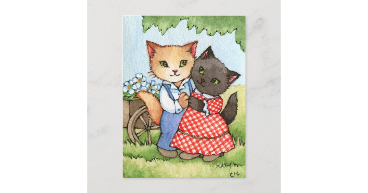 Country Sweethearts - Cute Cat Couple Art Postcard | Zazzle