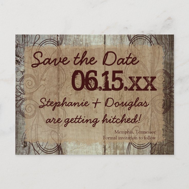 Country Swirl Wood Rustic Save the Date Postcards | Zazzle