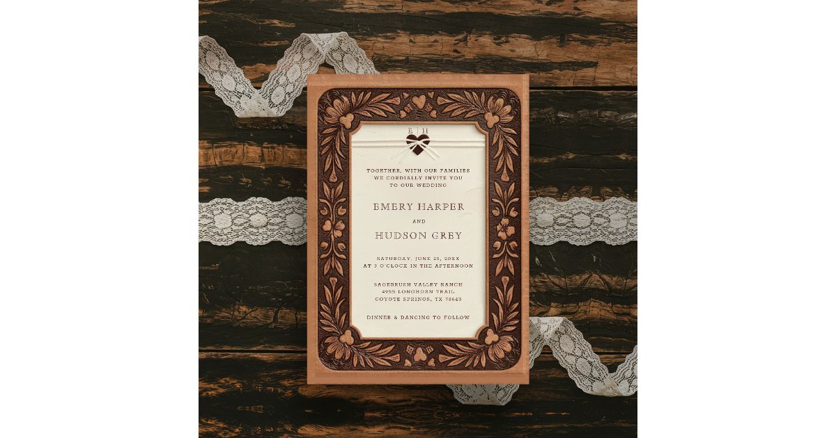 Country Tooled Leather Western Sweethearts Wedding Invitation | Zazzle
