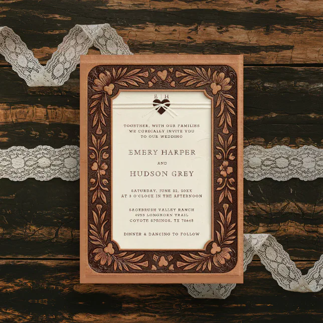 Country Tooled Leather Western Sweethearts Wedding Invitation | Zazzle