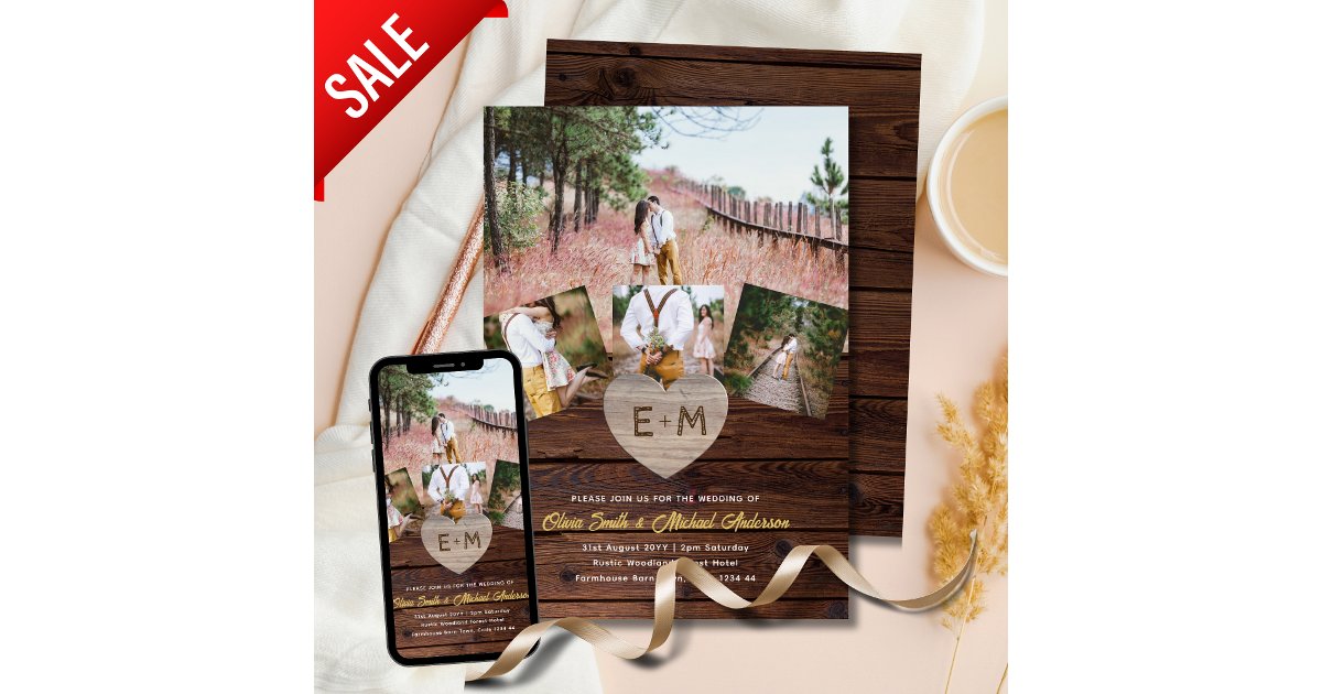 Country Wedding | Rustic Wood Lace Photo Collage Invitation | Zazzle