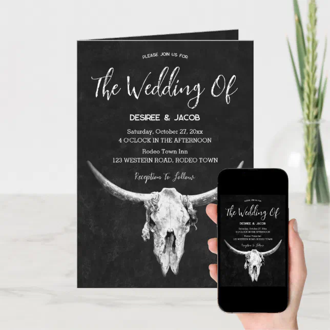 Country Western Black And White Bull Skull Invitation | Zazzle