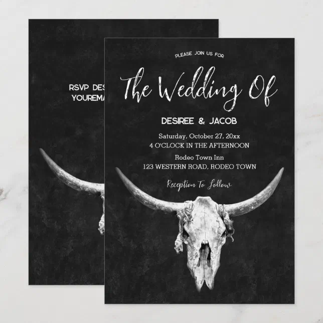 Country Western Black And White Bull Skull Invitation | Zazzle