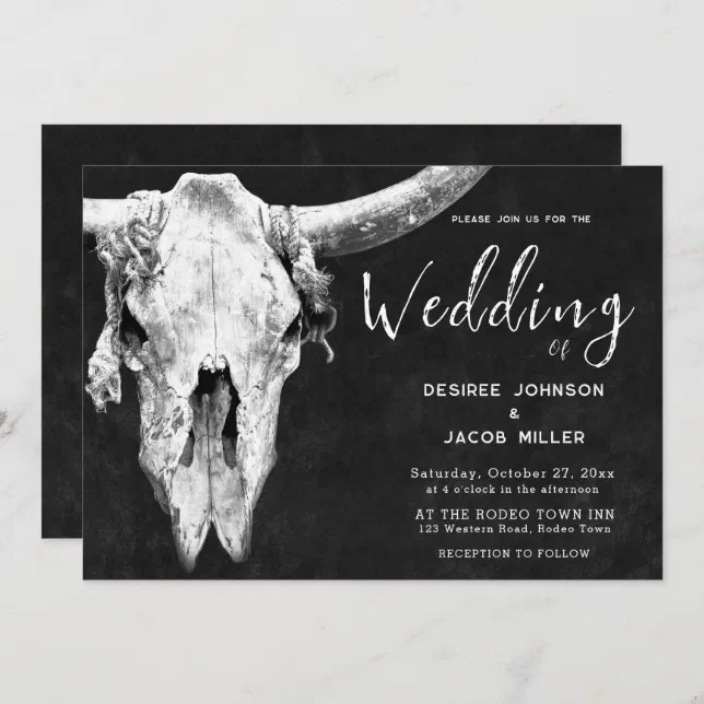 Country Western Black And White Rodeo Bull Skull Invitation | Zazzle