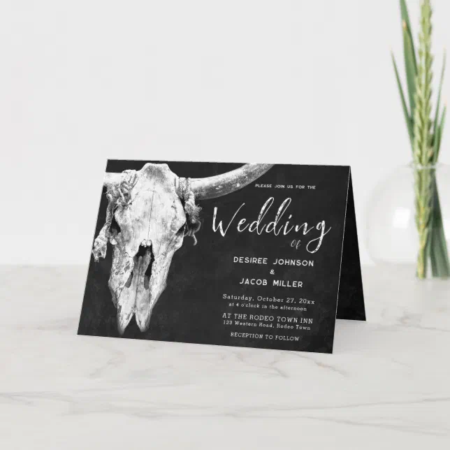 Country Western Black And White Rodeo Bull Skull Invitation | Zazzle