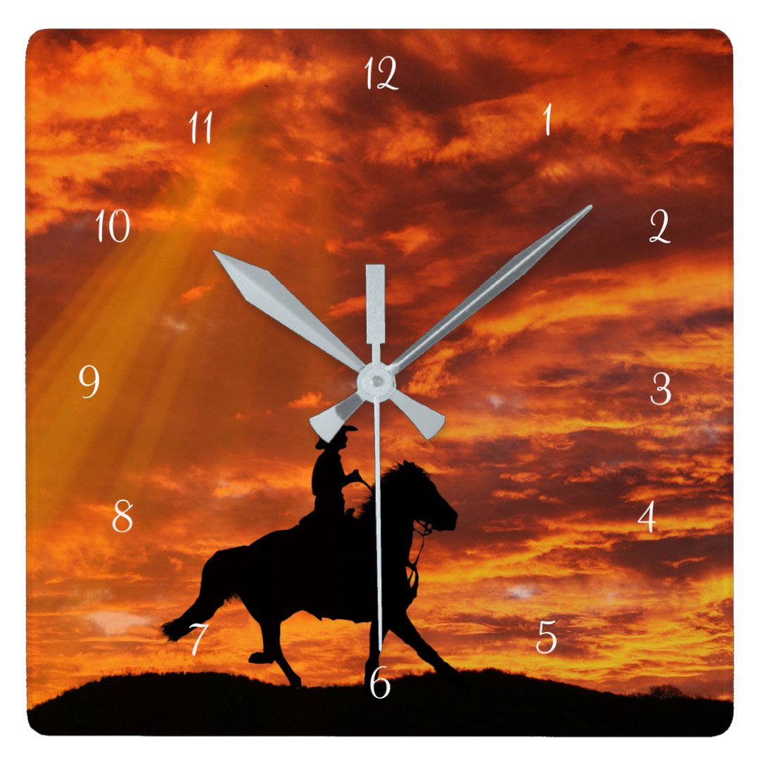 Country Western Cowboy and Horse in Sunset Square Wall Clock | Zazzle