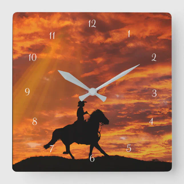 Country Western Cowboy and Horse in Sunset Square Wall Clock | Zazzle