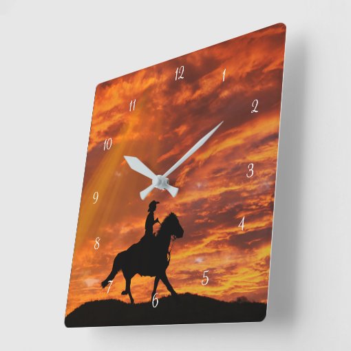 Country Western Cowboy and Horse in Sunset Square Wall Clock | Zazzle