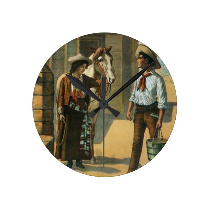 Country western cowboy cowgirl horse farm vintage round clock | Zazzle.com