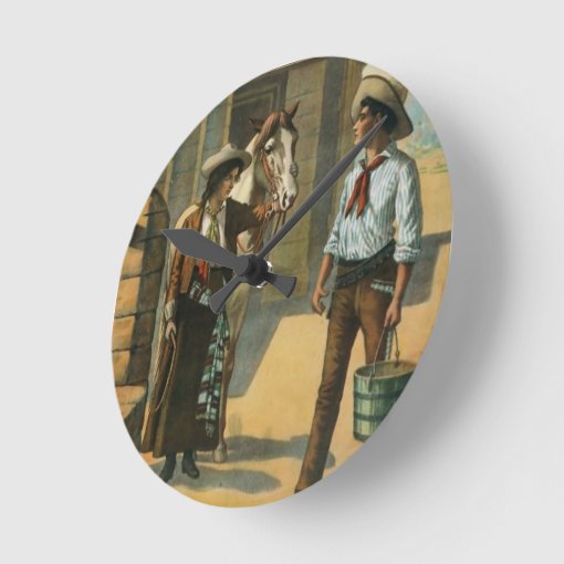Country western cowboy cowgirl horse farm vintage round clock | Zazzle