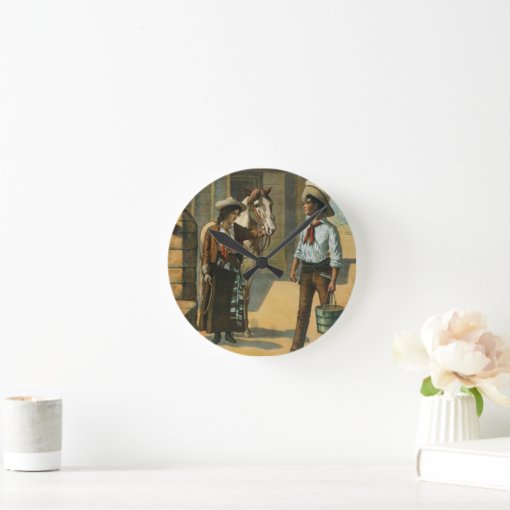 Country western cowboy cowgirl horse farm vintage round clock | Zazzle
