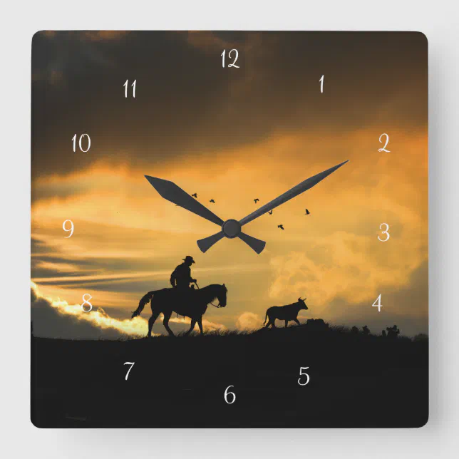 Country Western Cowboy Horse and Steer Sunrise Square Wall Clock | Zazzle