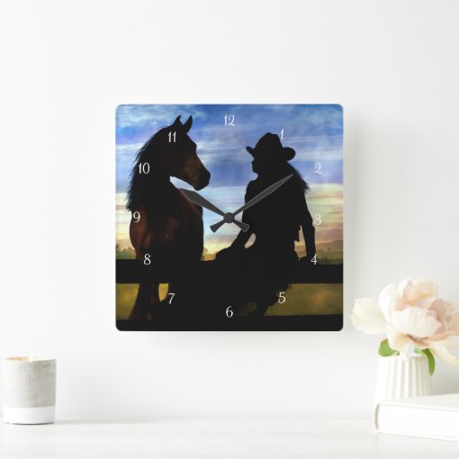 Country Western Cowgirl and Horse Square Wall Clock | Zazzle