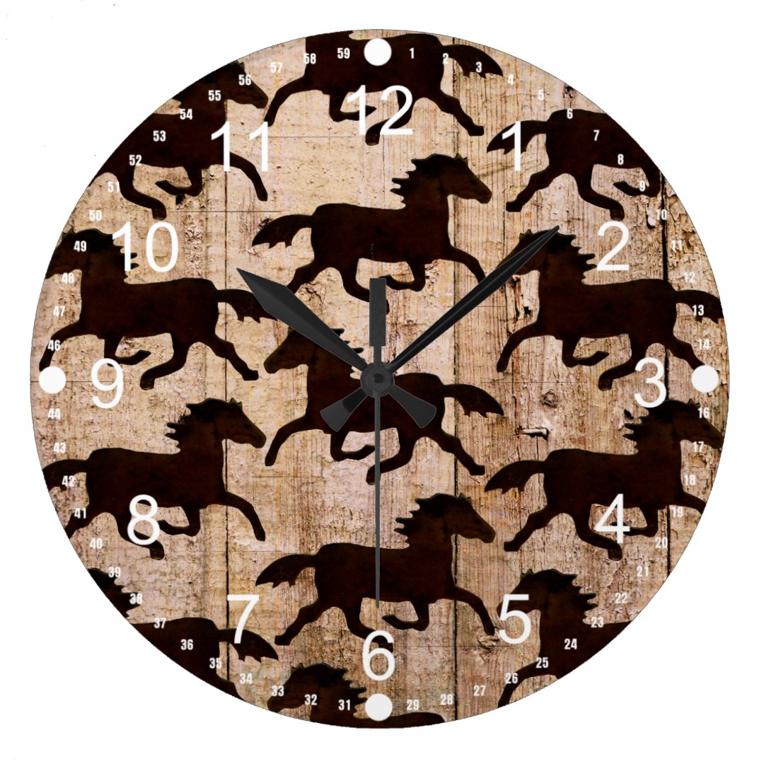 Country Western Horses on Barn Wood Cowboy Gifts Large Clock | Zazzle