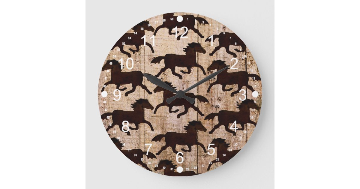 Country Western Horses on Barn Wood Cowboy Gifts Large Clock | Zazzle