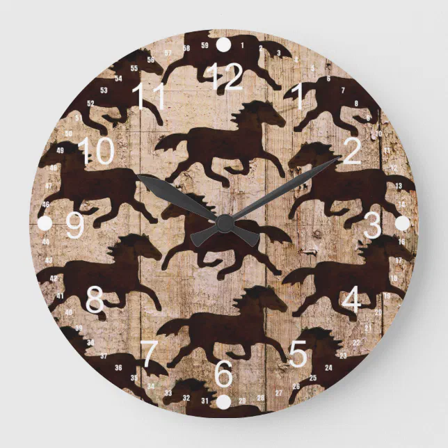 Country Western Horses on Barn Wood Cowboy Gifts Large Clock | Zazzle