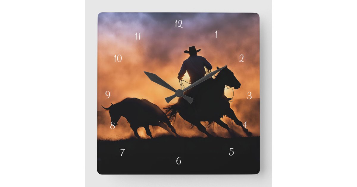 Country Western Roping Cowboy and Horse Square Wall Clock | Zazzle