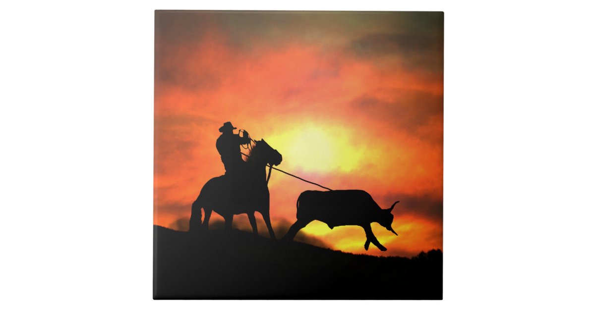 Country Western Roping Cowboy Art Tile | Zazzle