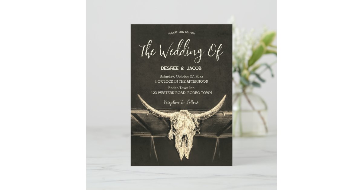 Country Western Rustic Sepia Bull Skull Wedding Invitation | Zazzle