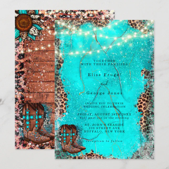 Country Western Turquoise Cowboy Boots Wedding Invitation | Zazzle