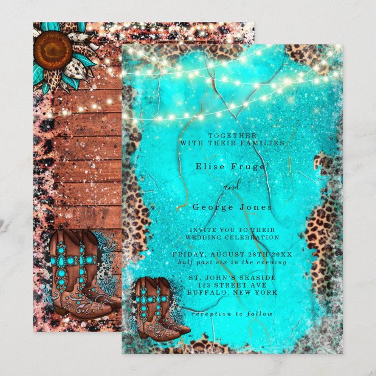 Country Western Turquoise Cowboy Boots Wedding Invitation | Zazzle