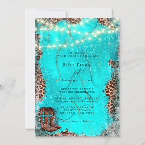 Country Western Turquoise Cowboy Boots Wedding Invitation | Zazzle
