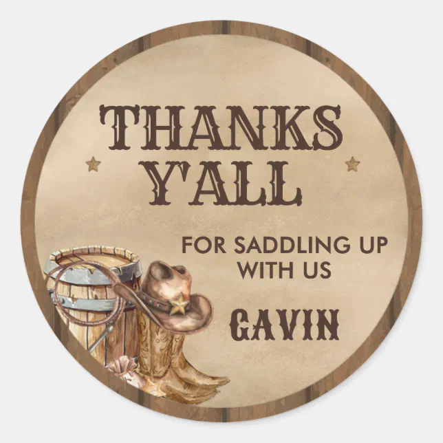 Country Western Wanted Cowboy Birthday Party Classic Round Sticker | Zazzle