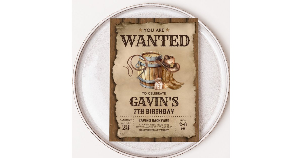 Country Western Wanted Cowboy Birthday Party Invitation | Zazzle