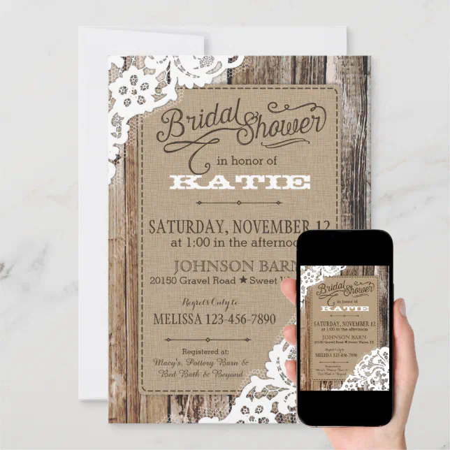 Country Western Wood Lace Rustic Bridal Shower Invitation | Zazzle