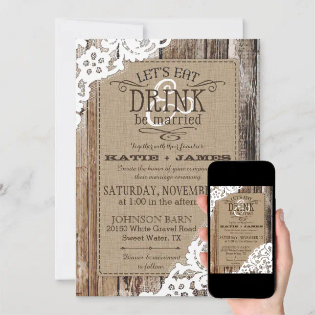 Country Western Wood Lace Rustic Wedding Invitation | Zazzle