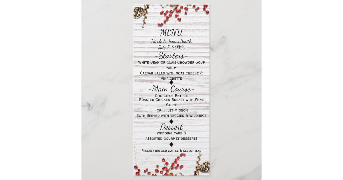 Country Winter Holiday Berries & Pine Cone Menu | Zazzle