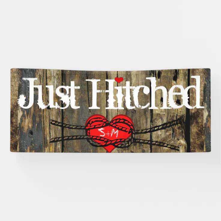 Country Wood Lights Just Hitched Heart Knot Banner | Zazzle