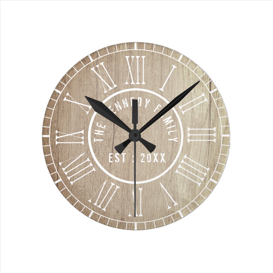 Country Wood White Roman Numerals Family Name Round Clock | Zazzle