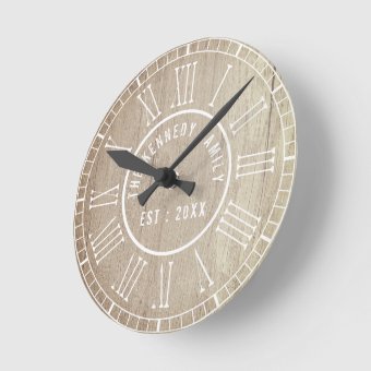 Country Wood White Roman Numerals Family Name Round Clock | Zazzle