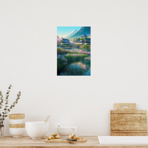 Countryside's Old Wooden Village by the River Poster | Zazzle