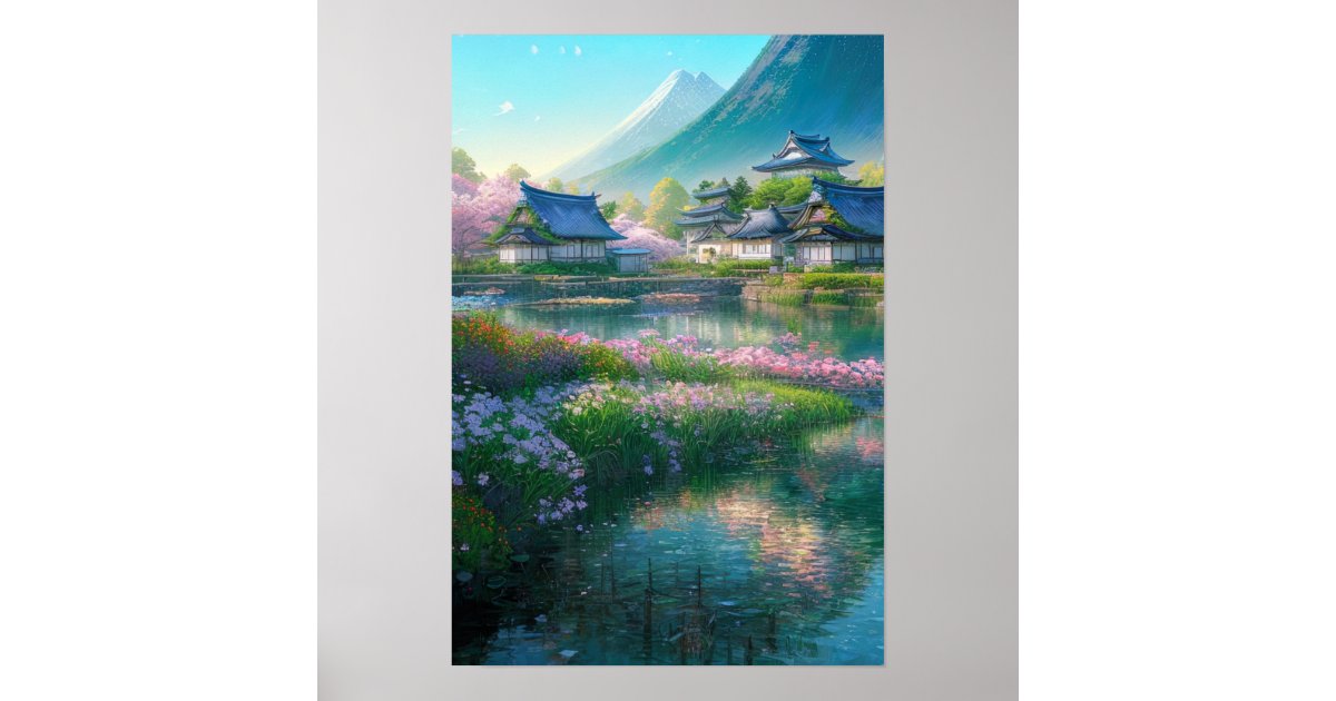Countryside's Old Wooden Village by the River Poster | Zazzle